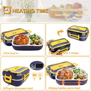 BESTORE Electric Lunch Box, 60w High-Power Portable Food Warmer Lunch Box For Car and Home, Heated Lunch Boxes For Adults with 1.5L Removable 304 Stainless Steel Container, Fork and Spoon Carry Bag