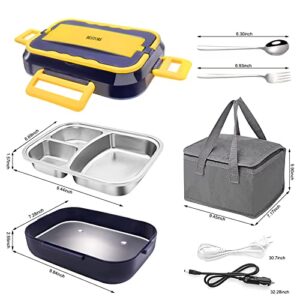 BESTORE Electric Lunch Box, 60w High-Power Portable Food Warmer Lunch Box For Car and Home, Heated Lunch Boxes For Adults with 1.5L Removable 304 Stainless Steel Container, Fork and Spoon Carry Bag