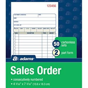 Adams Sales Order Book, 2-Part, Carbonless, White/Canary, 4-3/16 x 7-3/16 Inches, 50 Sets per Book (DC4705)