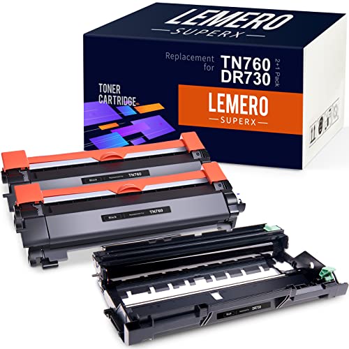 LemeroSuperx Compatible Toner Cartridges and Drum Unit Replacement for Brother TN760 TN730 TN 760 DR730 Work for HL-L2350DW MFC-L2710DW HL-L2395DW MFC-L2750DW Printer (2 Black, 1 Drum Unit, 3 Pack)