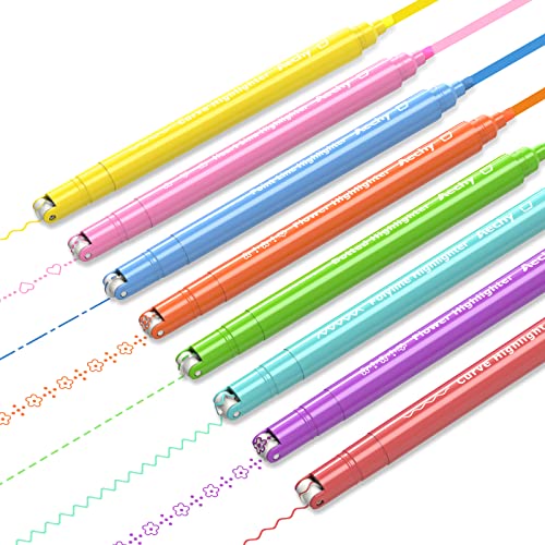 AECHY Curve Highlighter Pen Set, Dual Tip Marker Pens with 6 Different Curve Shapes & 8 Colors Mark Lines, Aesthetic Curve Marker Highlighter with Chisel Tip for Journal Planner School Supplies