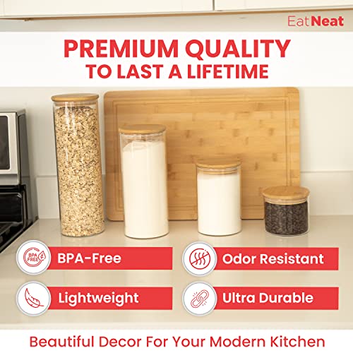 EATNEAT 4-Piece Airtight Glass Kitchen Canisters with Bamboo Lids - Bamboo Glass Storage Containers that Offer Modern Style and Clean Kitchen Organization - Includes 74, 56, 36, and 20 Ounce Sizes