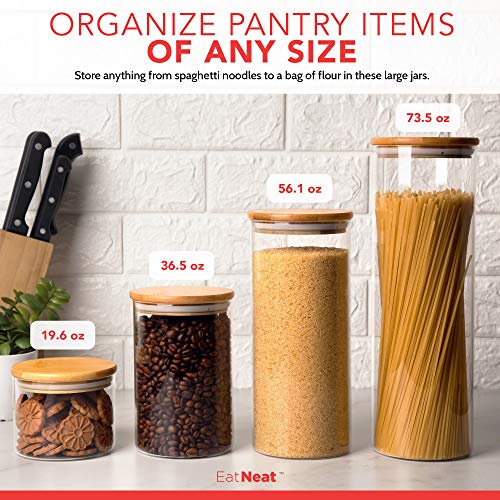 EATNEAT 4-Piece Airtight Glass Kitchen Canisters with Bamboo Lids - Bamboo Glass Storage Containers that Offer Modern Style and Clean Kitchen Organization - Includes 74, 56, 36, and 20 Ounce Sizes