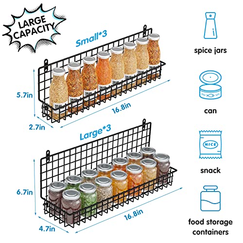 JKsmart 6-Tier Spice Rack Organizer with Door Hook, Wall Mounted & Over the Door Spice Racks for Kitchen Pantry Door Cabinet, Two Size, Large Capacity, Black