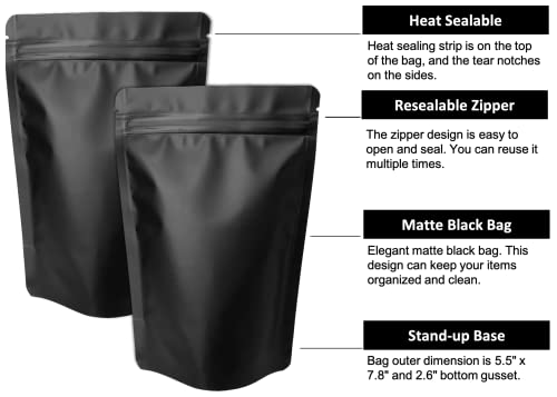 100 Pack Matte Black Mylar Stand Up Bags - 5.5x7.8 Inches Smell Proof Resealable Bags, Sealable Foil Packaging Bags