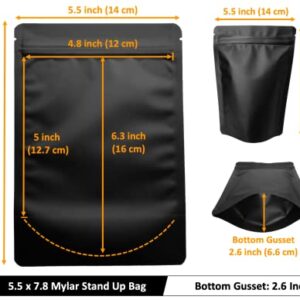 100 Pack Matte Black Mylar Stand Up Bags - 5.5x7.8 Inches Smell Proof Resealable Bags, Sealable Foil Packaging Bags