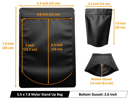 100 Pack Matte Black Mylar Stand Up Bags - 5.5x7.8 Inches Smell Proof Resealable Bags, Sealable Foil Packaging Bags