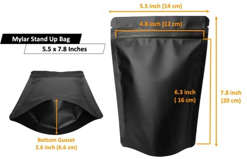 100 Pack Matte Black Mylar Stand Up Bags - 5.5x7.8 Inches Smell Proof Resealable Bags, Sealable Foil Packaging Bags