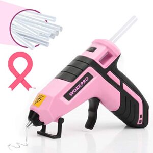 workpro cordless hot melt glue gun, rechargeable fast preheating mini glue gun kit with 20 pc premium glue stick, automatic-power-off glue gun for art, crafts, decorations, fast repairs, pink ribbon