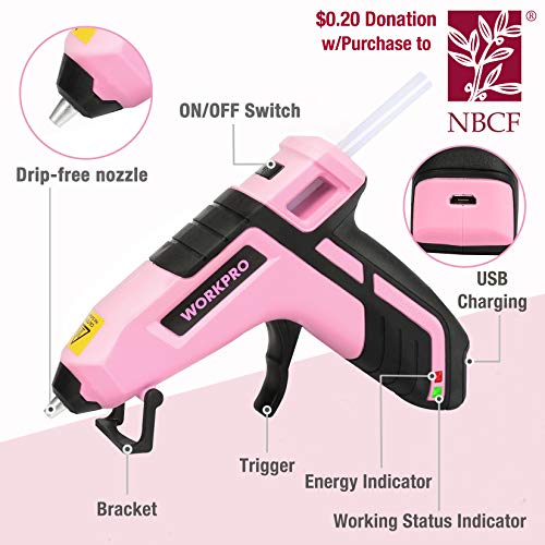 WORKPRO Cordless Hot Melt Glue Gun, Rechargeable Fast Preheating Mini Glue Gun Kit with 20 Pc Premium Glue Stick, Automatic-Power-Off Glue Gun for Art, Crafts, Decorations, Fast Repairs, Pink Ribbon