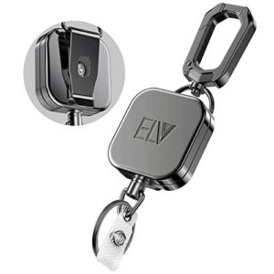 elv retractable id badge holder, heavy duty metal body and upgraded dyneema cord, carabiner key chain metal keychain with belt clip and 31 inch wire extension, hold up to 15 keys and tools