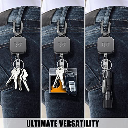 ELV Retractable ID Badge Holder, Heavy Duty Metal Body and Upgraded Dyneema Cord, Carabiner Key Chain Metal Keychain with Belt Clip and 31 inch Wire Extension, Hold Up to 15 Keys and Tools