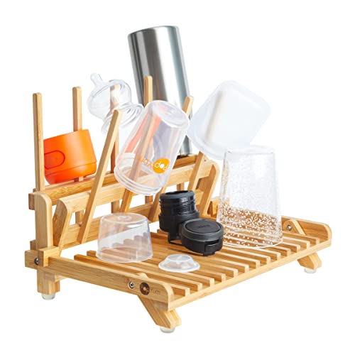 PopYum Space Saving Bamboo Drying Rack, Counter countertop Wood Folding Collapsible for Baby Bottle, Plastic Bag, Cup, Glass, Silicone, Dish, Water Bottle, Wooden, Compact, Accessories, Kitchen