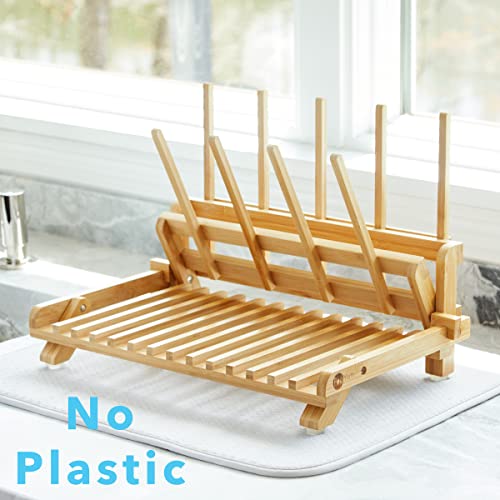 PopYum Space Saving Bamboo Drying Rack, Counter countertop Wood Folding Collapsible for Baby Bottle, Plastic Bag, Cup, Glass, Silicone, Dish, Water Bottle, Wooden, Compact, Accessories, Kitchen