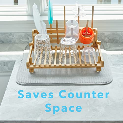 PopYum Space Saving Bamboo Drying Rack, Counter countertop Wood Folding Collapsible for Baby Bottle, Plastic Bag, Cup, Glass, Silicone, Dish, Water Bottle, Wooden, Compact, Accessories, Kitchen