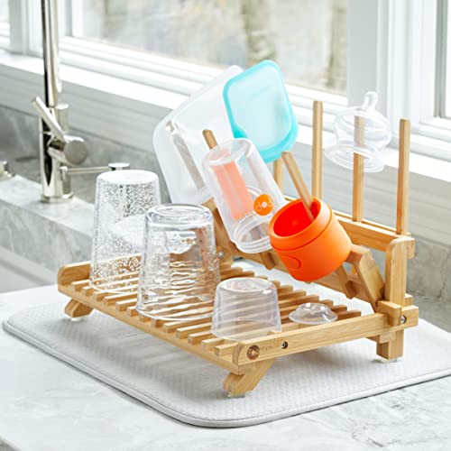 PopYum Space Saving Bamboo Drying Rack, Counter countertop Wood Folding Collapsible for Baby Bottle, Plastic Bag, Cup, Glass, Silicone, Dish, Water Bottle, Wooden, Compact, Accessories, Kitchen