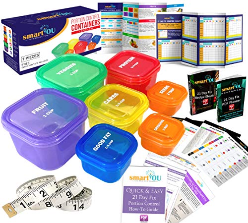 21 Day Portion Control Containers Kit - Nutrition Diet, Multi-Color Coded Weight Loss System. Complete Guide + PDF Planner + Recipe eBook and Tape Measure - BPA Free - 7 PC Labeled