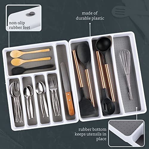 No-Slip Silverware Tray Organizer - Accommodates Different Kitchen Utensil and Cutlery Sizes. Deep Enough to Fit Entire Drawer. (2-PIECE | 9-SECTIONS)