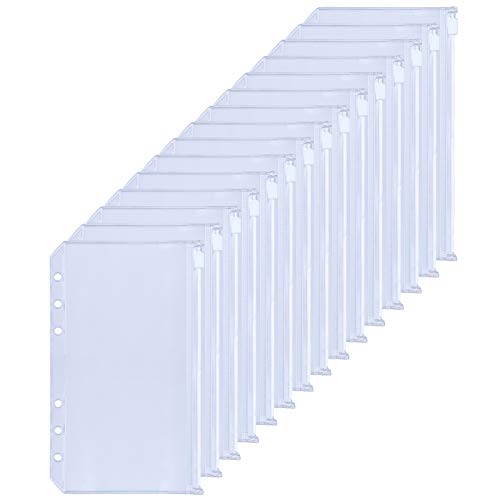 HAUTOCO 15PCS A6 6-Holes Binder Pockets Clear PVC Binder Envelopes Zipper Binder Pouches for A6 Notebook Binder, Waterproof Cash Budget Envelopes