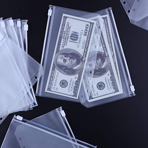 HAUTOCO 15PCS A6 6-Holes Binder Pockets Clear PVC Binder Envelopes Zipper Binder Pouches for A6 Notebook Binder, Waterproof Cash Budget Envelopes