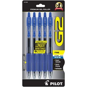 pilot g2 premium refillable and retractable rolling ball gel pens, fine point, blue ink, 5-pack (31299)