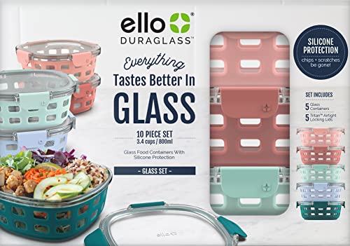 Ello Duraglass Round Glass Meal Prep Storage Containers Set with Leak Proof Airtight Lids, 10 Pc 3.4 Cup/ 800ml, Melon