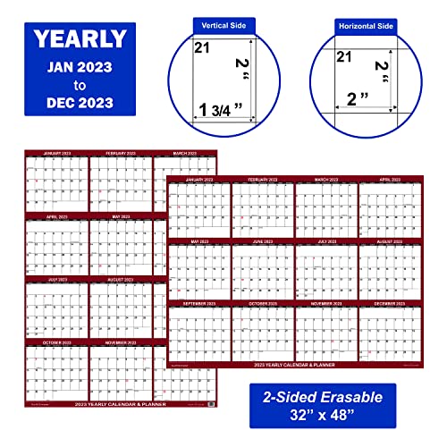 32" x 48" SwiftGlimpse 2023 Wall Calendar Erasable Jumbo XL Wet & Dry Erase Laminated 12 Month Annual Yearly Wall Planner, Reversible, Horizontal/Vertical, Maroon