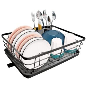 Ecomerr Dish Drying Rack for Kitchen Counter and Tabletop-Rust Proof Stainless Steel Dish Drainer with Drying Board and Removable Utensil Holder-Black Dish Rack with Drainboard 15.5”x11.4”x5.3”