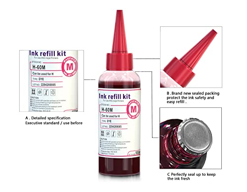 Juyudow Ink Refill Kit Compatible for HP Printer Cartridge (5 Bottles x 100ml) 21 22 564 60 61 62 63 711 94 95 96 901 902 920 932 933 934 940 950 951 952 970 971