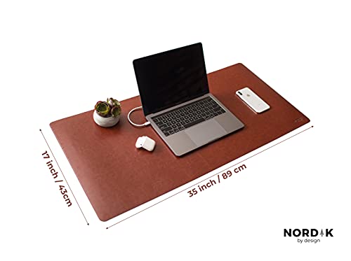 Nordik Leather Desk Mat Cable Organizer (Saddle Brown 35 X 17 inch) Premium Extended Mouse Mat for Home Office Accessories - Felt Vegan Large Leather Desk Pad Protector & Desk Blotter Pads Decor