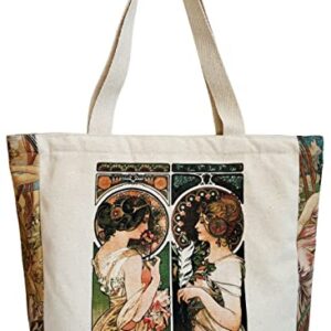 HaoHakka Canvas Tote Bag Aesthetic Vintage, Cute Graphic Trendy Tote Bags with Zipper Pockets Valentines Christmas Gifts for Women Girls Her(Alphonse Maria Mucha)