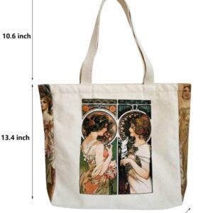 HaoHakka Canvas Tote Bag Aesthetic Vintage, Cute Graphic Trendy Tote Bags with Zipper Pockets Valentines Christmas Gifts for Women Girls Her(Alphonse Maria Mucha)