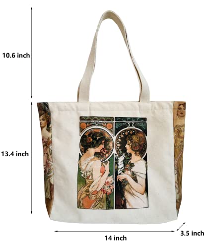 HaoHakka Canvas Tote Bag Aesthetic Vintage, Cute Graphic Trendy Tote Bags with Zipper Pockets Valentines Christmas Gifts for Women Girls Her(Alphonse Maria Mucha)