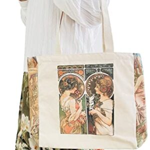 HaoHakka Canvas Tote Bag Aesthetic Vintage, Cute Graphic Trendy Tote Bags with Zipper Pockets Valentines Christmas Gifts for Women Girls Her(Alphonse Maria Mucha)