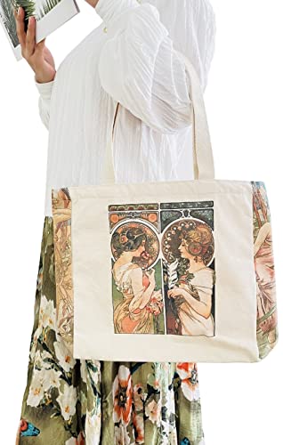 HaoHakka Canvas Tote Bag Aesthetic Vintage, Cute Graphic Trendy Tote Bags with Zipper Pockets Valentines Christmas Gifts for Women Girls Her(Alphonse Maria Mucha)