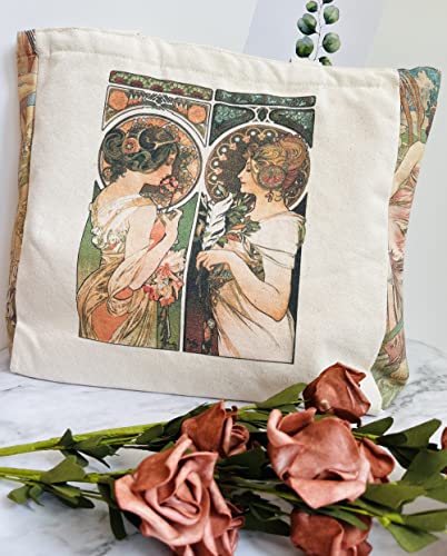 HaoHakka Canvas Tote Bag Aesthetic Vintage, Cute Graphic Trendy Tote Bags with Zipper Pockets Valentines Christmas Gifts for Women Girls Her(Alphonse Maria Mucha)