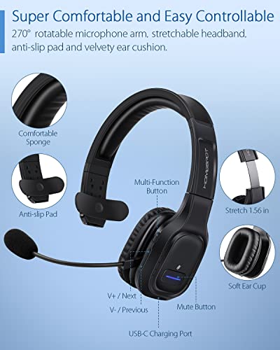 HomeSpot JM100 Trucker Bluetooth Headset with AI Noise Canceling, Wireless Headset with Rotatable Microphone and Big Mute Button, 34 Hrs Talk Time for Trucking, Home Office, Call Center