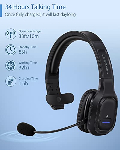 HomeSpot JM100 Trucker Bluetooth Headset with AI Noise Canceling, Wireless Headset with Rotatable Microphone and Big Mute Button, 34 Hrs Talk Time for Trucking, Home Office, Call Center