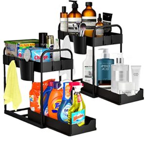 kphalth under sink organizer adjustable height under sink organizers and storage 2-tier under cabinet storage bathroom organizer sliding drawer with hooks hanging cup kitchen storage (black-2 pack)