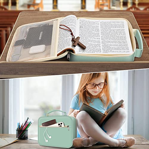 FINPAC Large Bible Cover w/Shoulder Strap, Carrying Book Case Church Bag Bible Protective w/Pen Slots and Zippered Pocket, Perfect Gift for Kids Girls Women (Light Green)