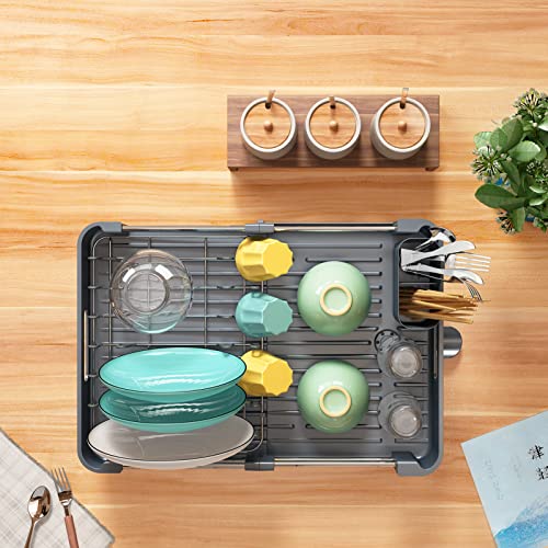 Dish Drying Rack, Kitchen Dish Drainer Rack, Expandable(13.2"-19.7") Stainless Steel Sink Organizer Dish Rack and Drainboard Set with Utensil Holder Cups Holder for Kitchen Counter