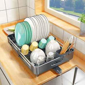 Dish Drying Rack, Kitchen Dish Drainer Rack, Expandable(13.2"-19.7") Stainless Steel Sink Organizer Dish Rack and Drainboard Set with Utensil Holder Cups Holder for Kitchen Counter