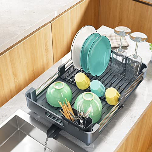 Dish Drying Rack, Kitchen Dish Drainer Rack, Expandable(13.2"-19.7") Stainless Steel Sink Organizer Dish Rack and Drainboard Set with Utensil Holder Cups Holder for Kitchen Counter