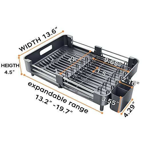 Dish Drying Rack, Kitchen Dish Drainer Rack, Expandable(13.2"-19.7") Stainless Steel Sink Organizer Dish Rack and Drainboard Set with Utensil Holder Cups Holder for Kitchen Counter