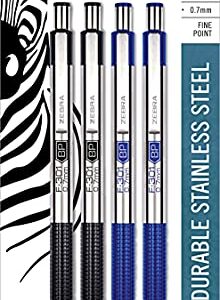 Zebra Pens Fine Point F 301, Combo Pack of 2 BLACK INK & 2 BLUE INK metal pens (Total of 4 Pens), Ballpoint Stainless Steel Retractable 0.7mm fine point ink pens