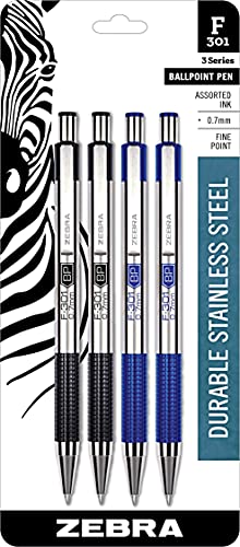 Zebra Pens Fine Point F 301, Combo Pack of 2 BLACK INK & 2 BLUE INK metal pens (Total of 4 Pens), Ballpoint Stainless Steel Retractable 0.7mm fine point ink pens