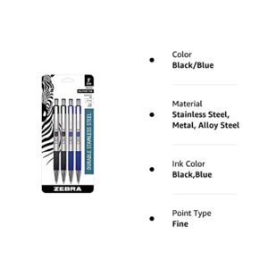 Zebra Pens Fine Point F 301, Combo Pack of 2 BLACK INK & 2 BLUE INK metal pens (Total of 4 Pens), Ballpoint Stainless Steel Retractable 0.7mm fine point ink pens