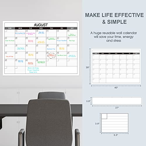 Dry Erase Calendar for Wall - Large Dry Erase Calendar, 28" x 40", Undated Monthly Calendar for Home, Office, Classroom, Erasable Laminated Calendar Whiteboard with 6 Markers ＆ 6 Stickers - 1Y Grey