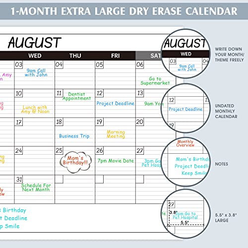 Dry Erase Calendar for Wall - Large Dry Erase Calendar, 28" x 40", Undated Monthly Calendar for Home, Office, Classroom, Erasable Laminated Calendar Whiteboard with 6 Markers ＆ 6 Stickers - 1Y Grey