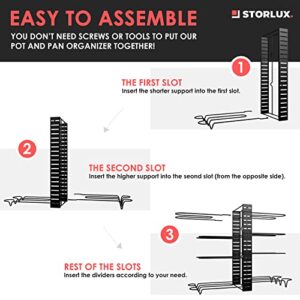 STORLUX Pot and Pan Organizer for Cabinet, Adjustable 8 Non-Slip Tiers Pot Rack with 3 DIY Methods, Kitchen Cabinet Organizer for Pots and Pans, Black Steel Cookware Organizer (UPGRADED)